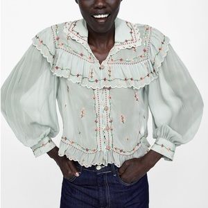 Zara | Tops | Zara Sage Embroidered Ruffle Blouse | Poshmark
